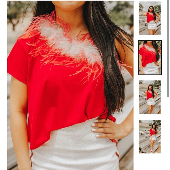 QUEEN OF SPARKLES | Tops | Queen Of Sparkles One Shoulder Feather Tee Red White | Poshmark